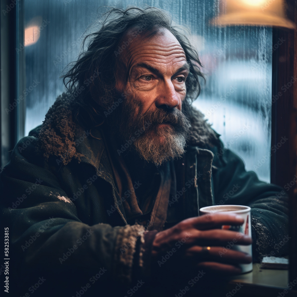 Generative AI - A homeless man with a beard and a beard holding a cup ...