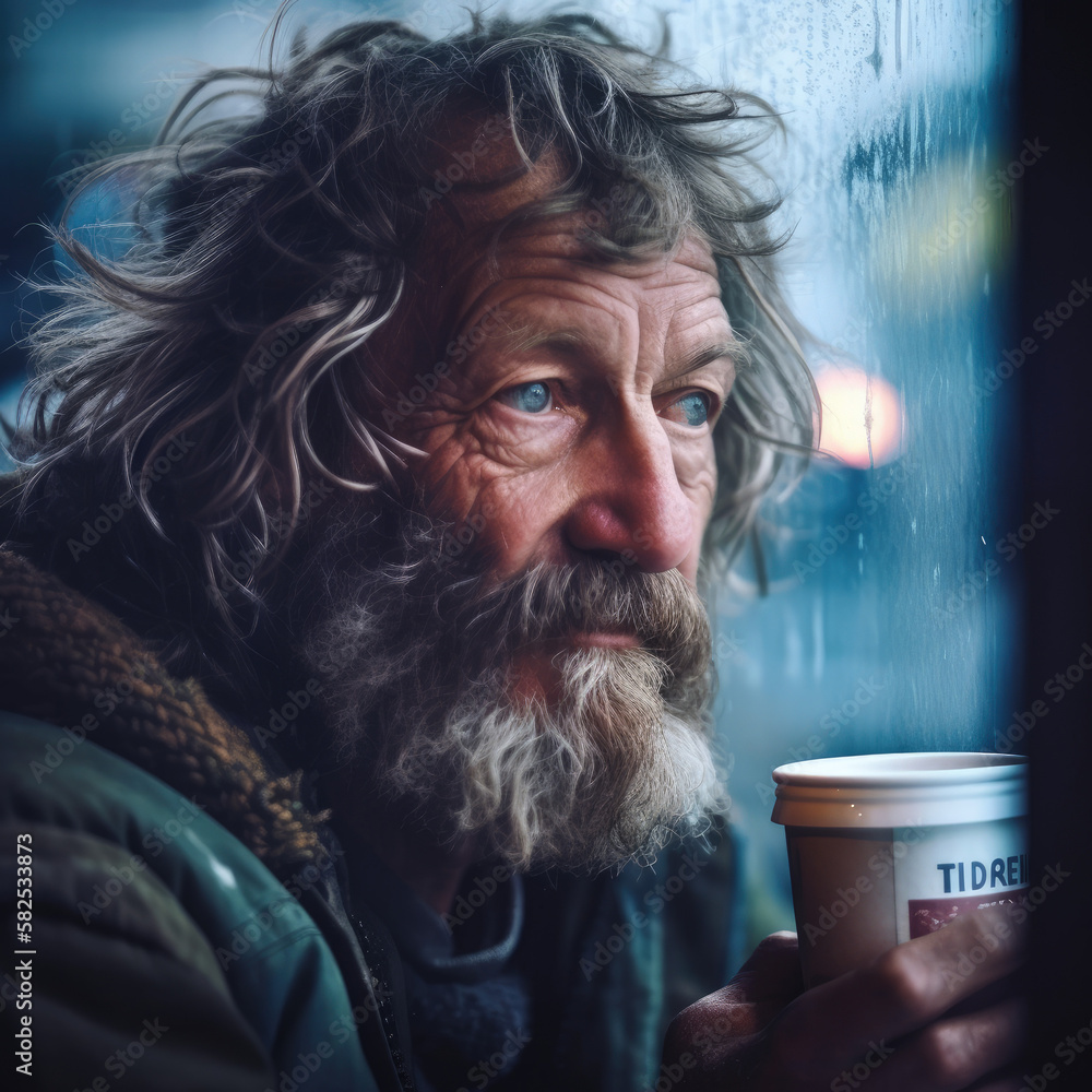 Generative AI - A homeless man with a beard and a beard holding a cup ...