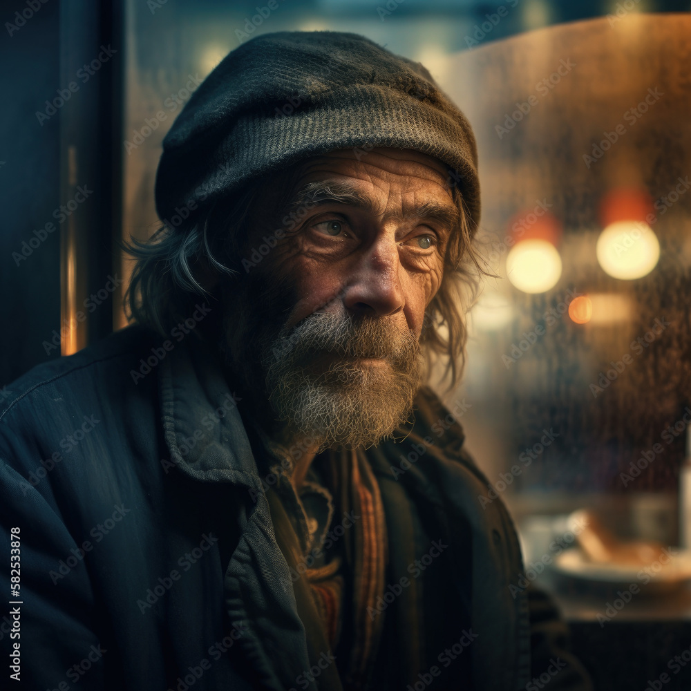 Generative AI - A homeless man with a beard and a jacket looking out a ...