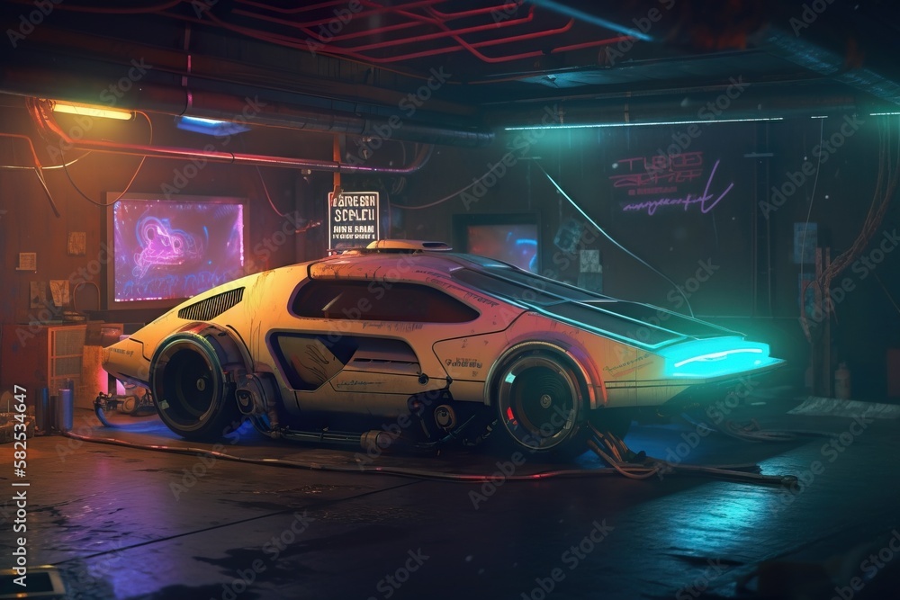 Cyberpunk garage of the future. Futuristic car. Bright shining neon ...