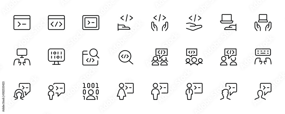 Programming, Developer icon set. Included the icons as code, programmer coding, mobile app, api ...