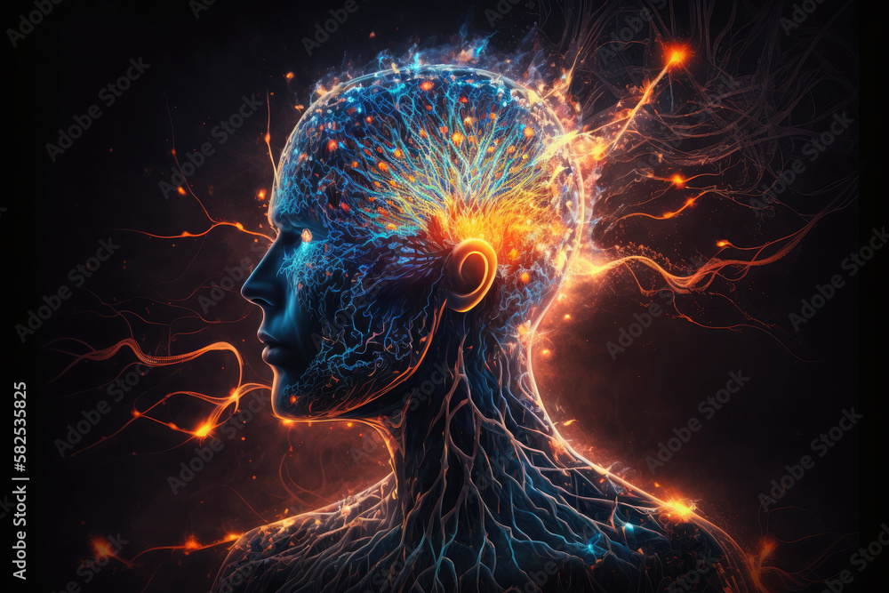 Astral body woman silhouette bust at abstract space background neural ...