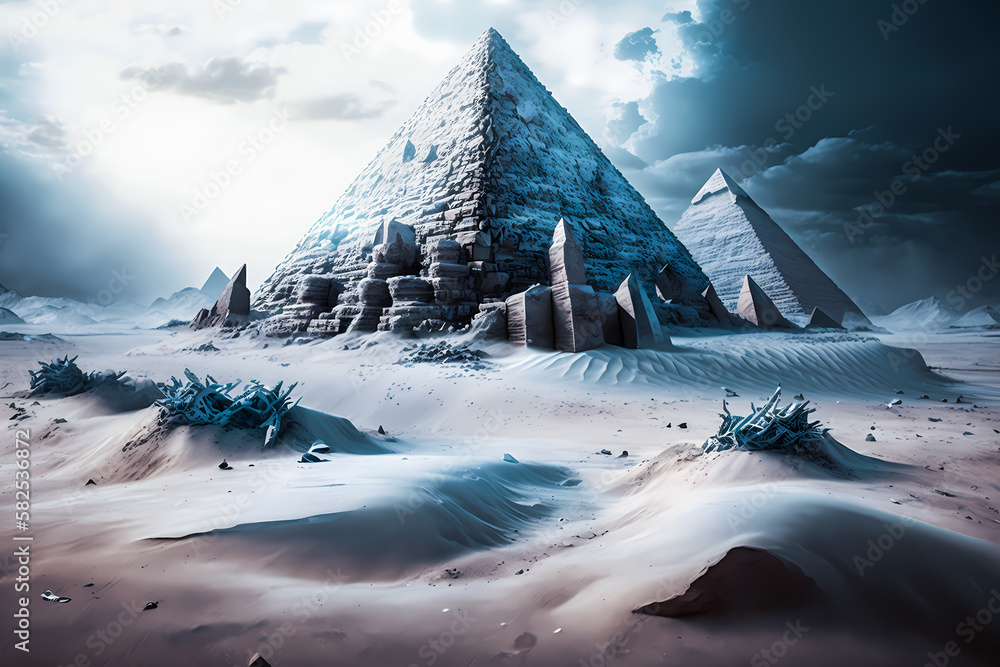 Frozen Egypt ancient pyramids in snow. Concept Global cooling, Winter ...