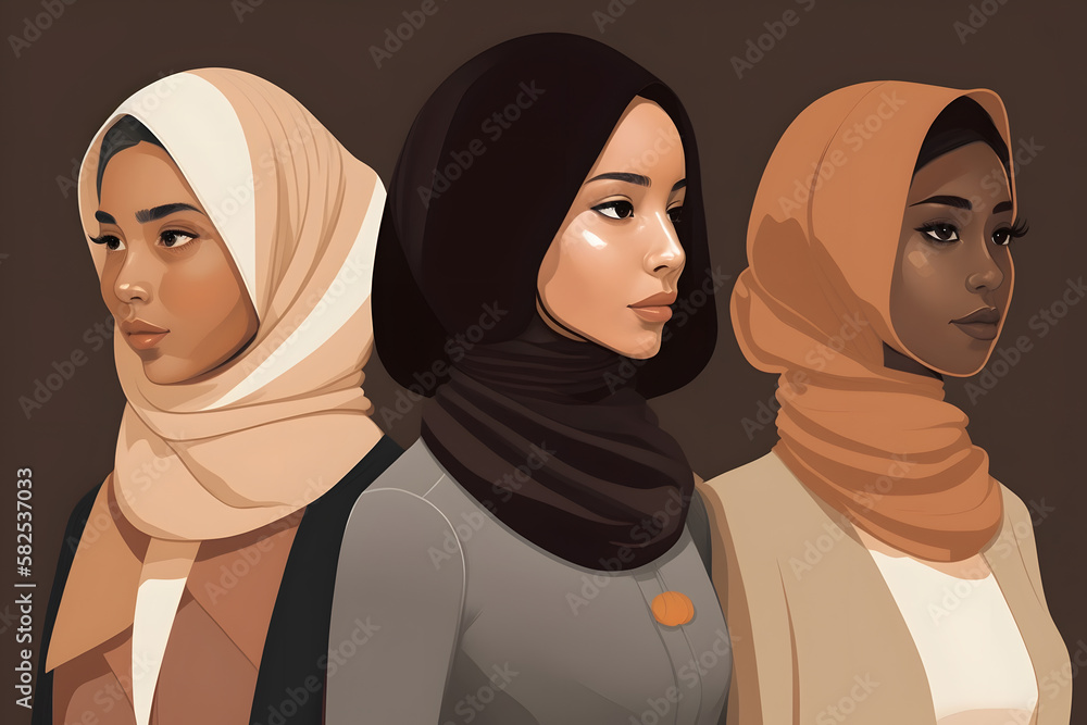 Three muslim women in hijab of different nationalities standing ...