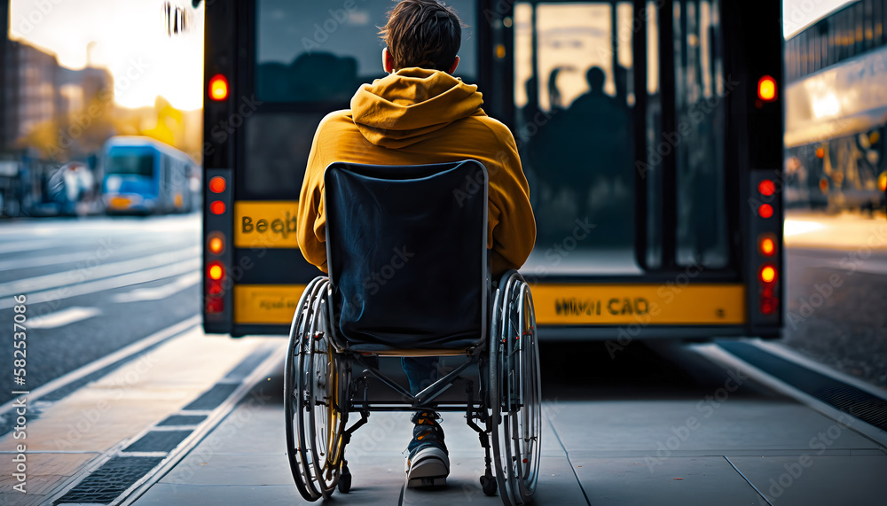 Teenage young boy in wheelchair go yellow school bus. Concept ...