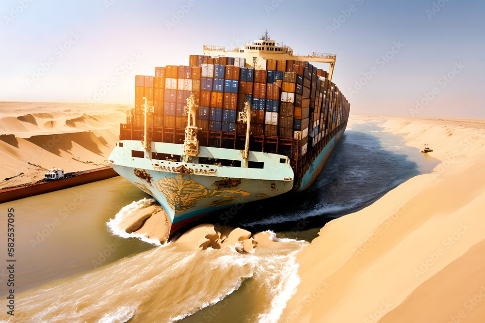 Container cargo ship accident crash sandy canal. Concept Global problem ...