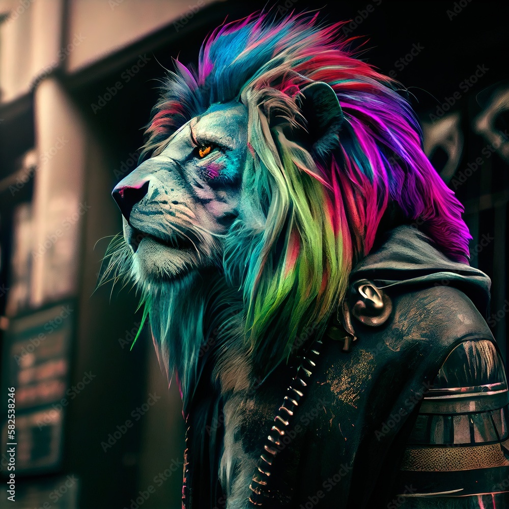 Portrait of a lion punk with colored hair. Hipster lion with punk hair ...
