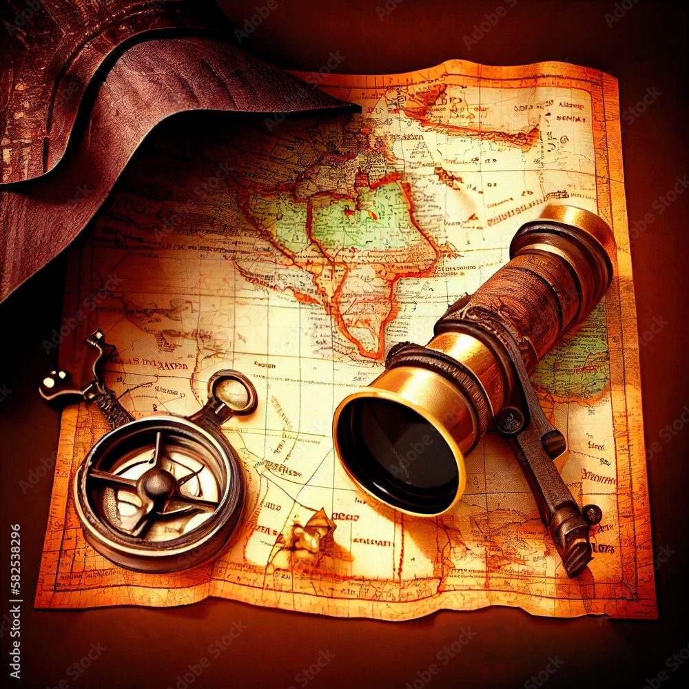 An ancient pirate map in the cabin of a pirate ship. Image of an ...