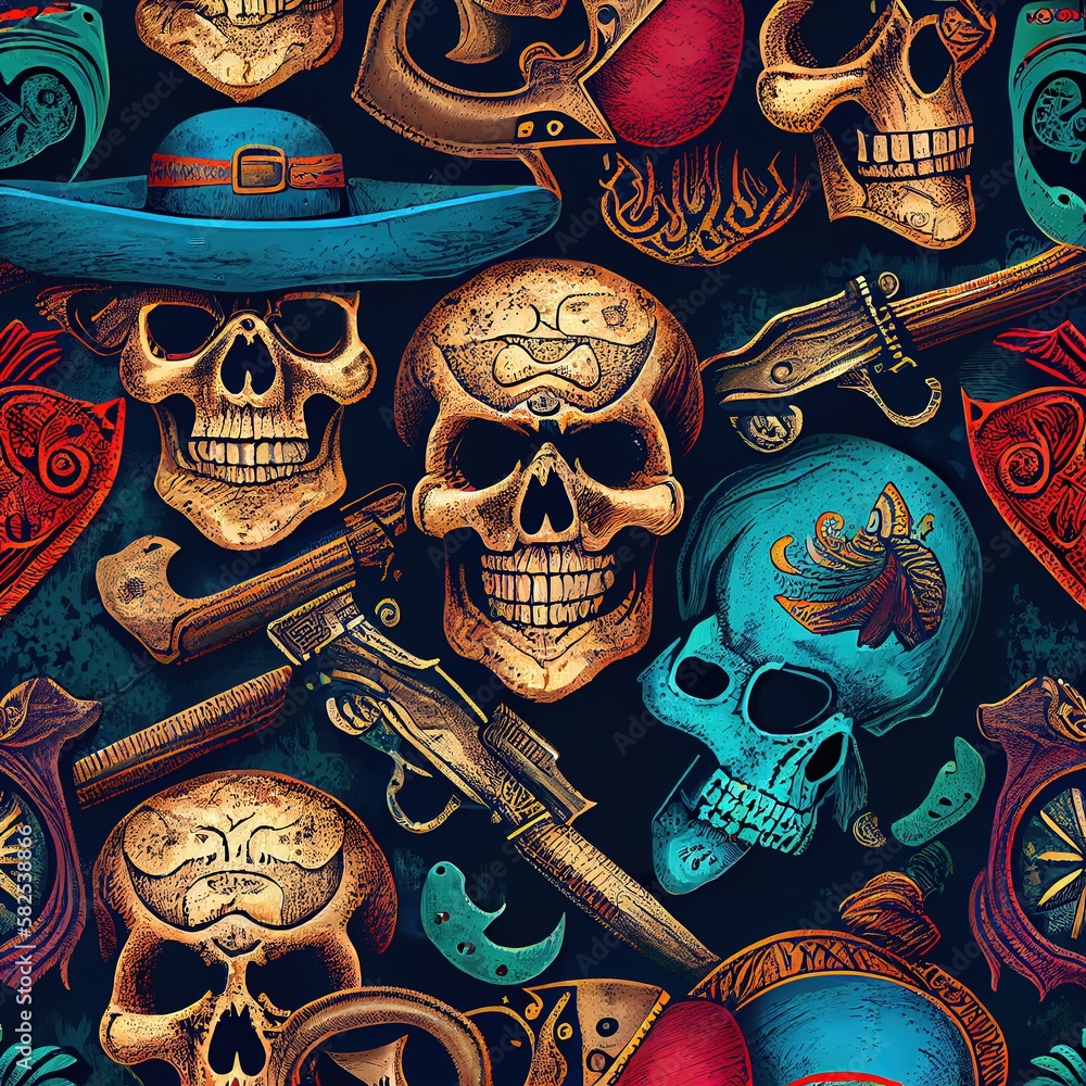 Old skulls with cowboy hats and vintage guns. Generative AI Art. Stock ...