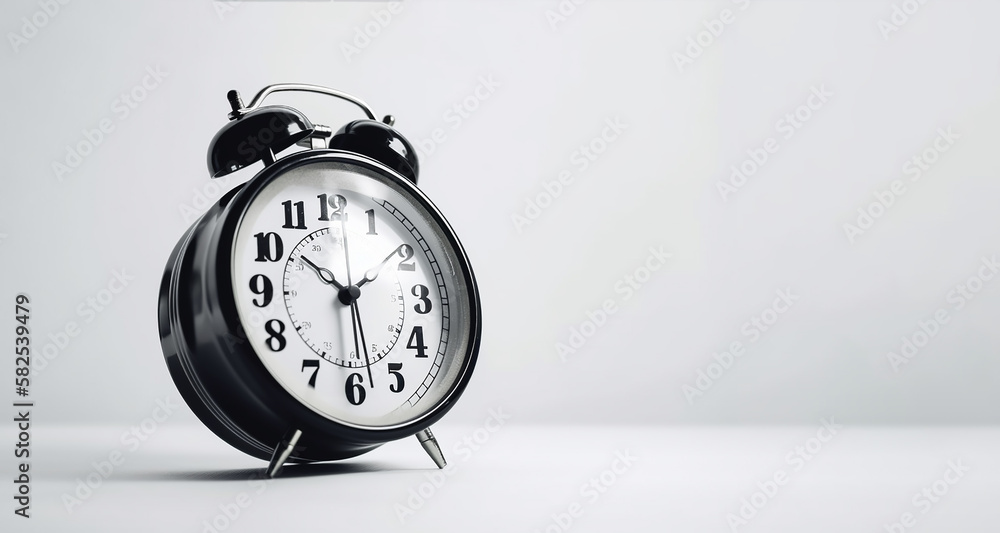 Classic black alarm clock with a retro feel stands out against a plain ...