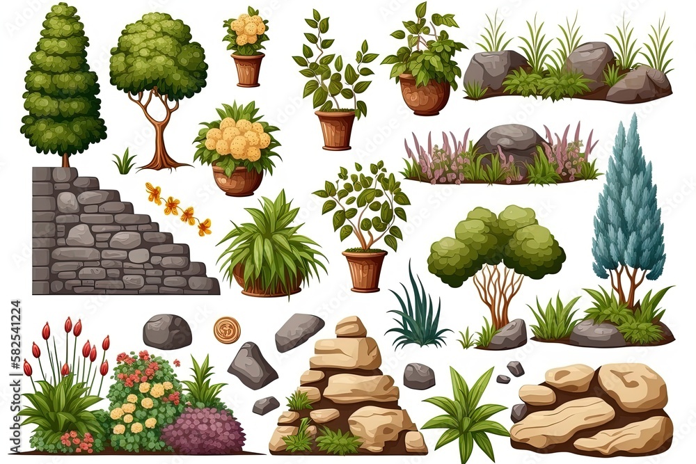 Set of cartoon garden landscaping elements for garden scene creation ...