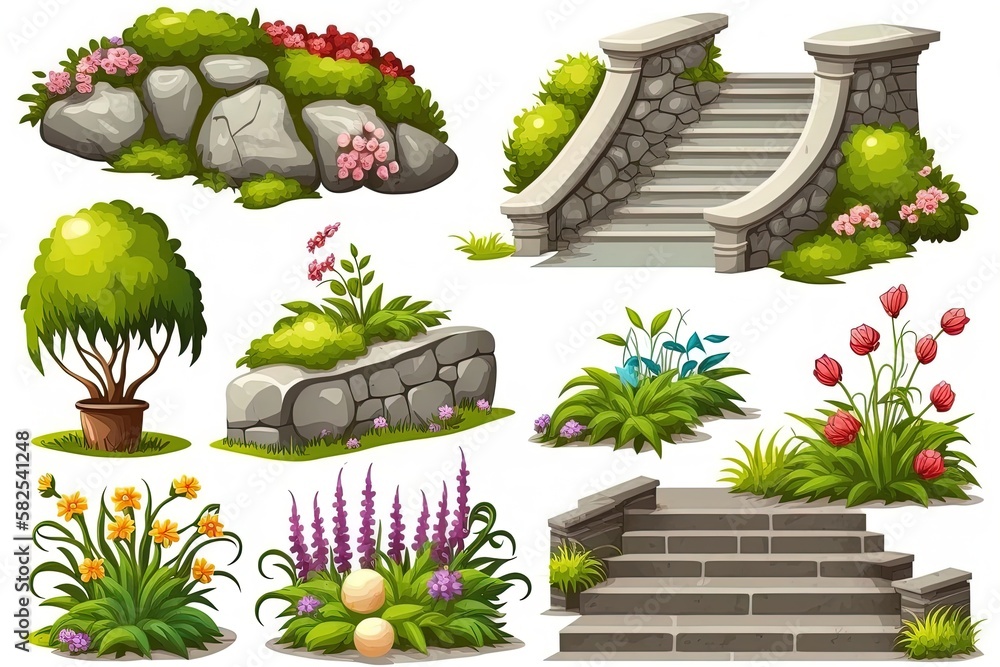 Set of cartoon garden landscaping elements for garden scene creation ...