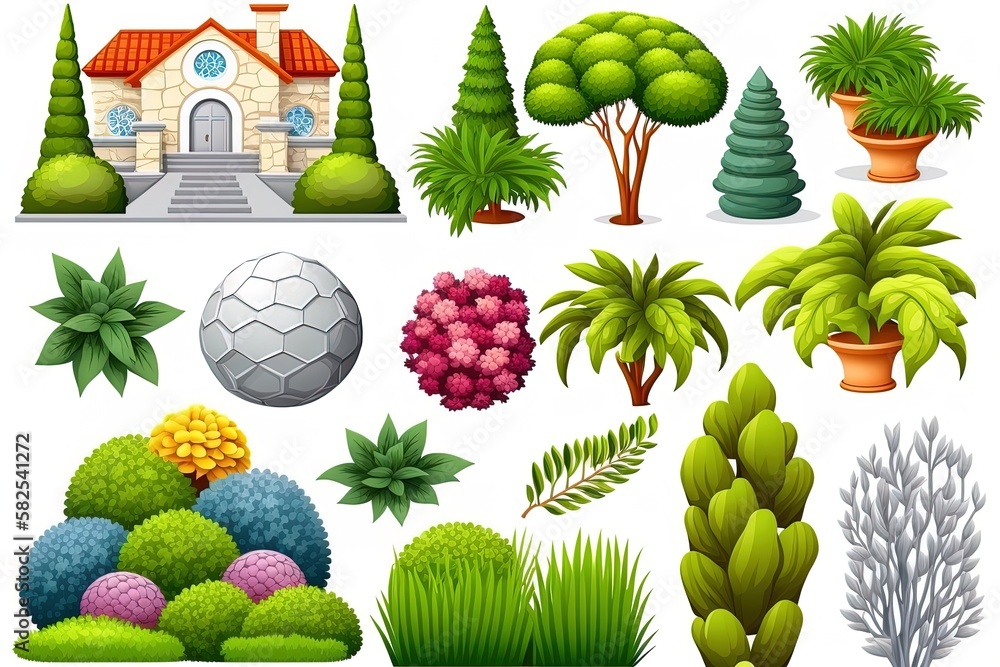 Set of cartoon garden landscaping elements for garden scene creation ...