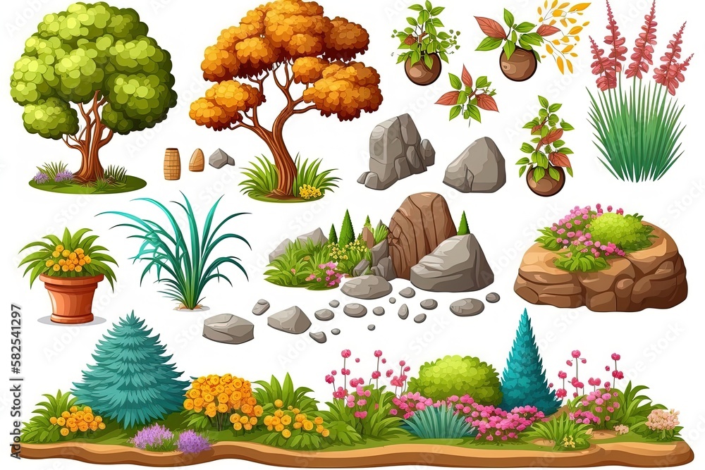 Set of cartoon garden landscaping elements for garden scene creation ...