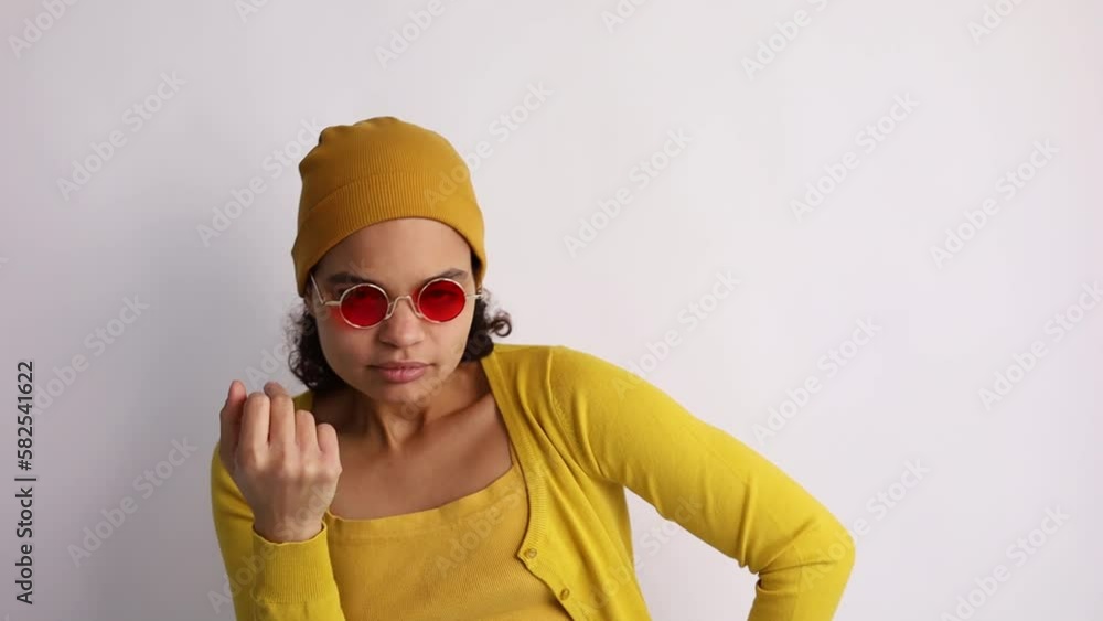 Black woman, angry and middle finger in studio for expression of ...