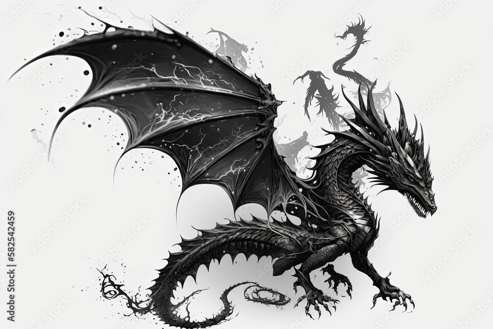 Black spiked dragon with wings spread and dark tendrils curling up from ...