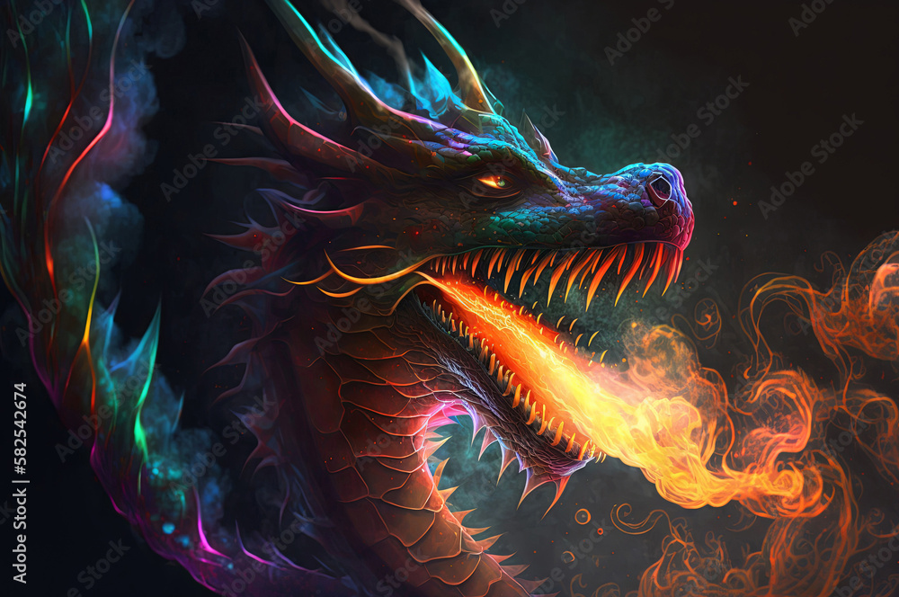 Prismatic dragon breathing wisps of flame. Beautiful and monstrous ...