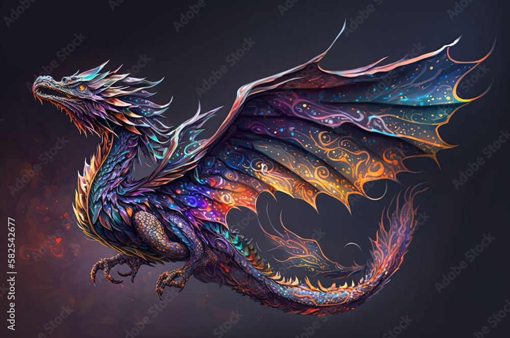 Prismatic dragon with wings spread. Beautiful and monstrous mythical ...