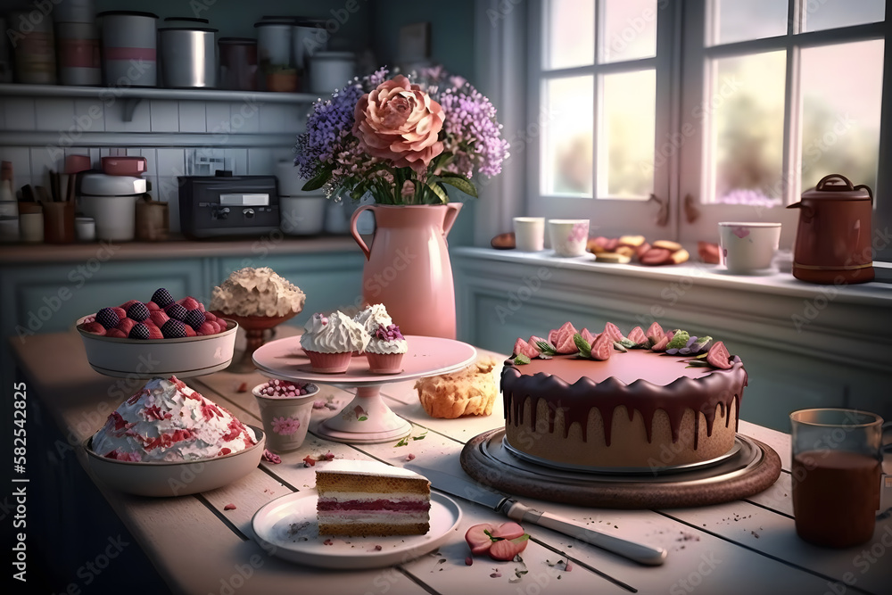 cake and sweets on the table in the kitchen. Neural network AI ...