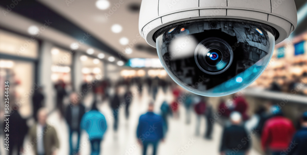 Close-up of a security camera lens monitoring crowd in a shopping ...