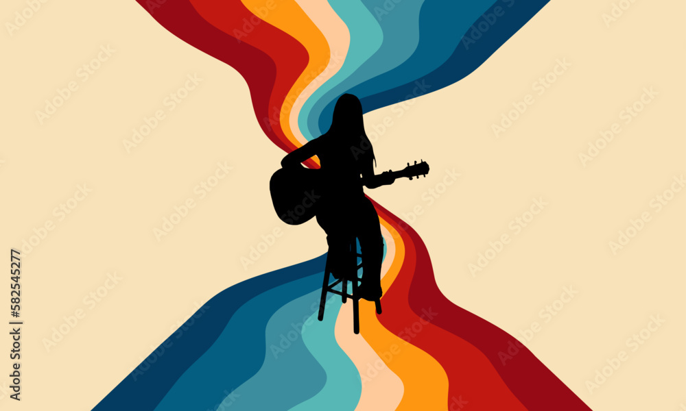 Guitarist girl singer silhouette. Musician playing solo guitar. Music ...