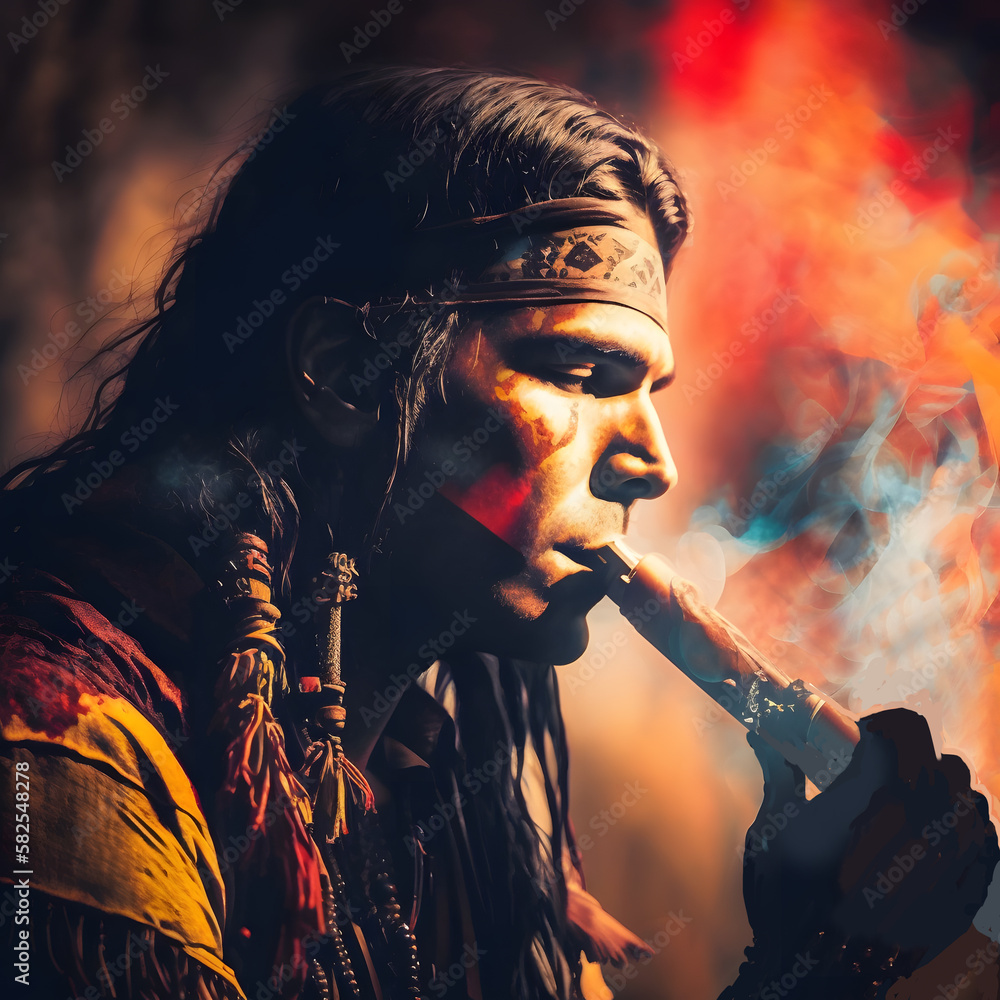 North American Indian Smoking a Pipe - Indian Chief with Feather ...