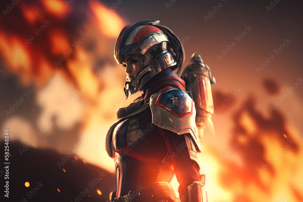 Cyberpunk concept. Brave cyberpunk warrior girl stands against the ...