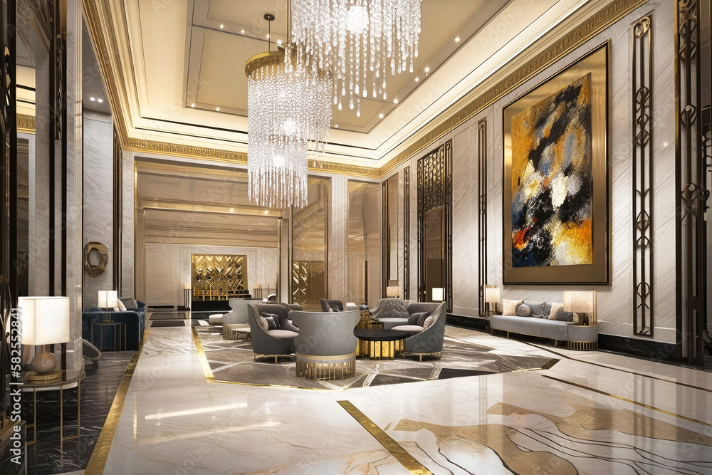 The luxury design lobby of a hotel may feature grandiose chandeliers ...