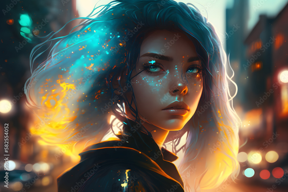 A Beautiful Cyberpunk Girl Stands Against The Backdrop Of The Night City Of The Future