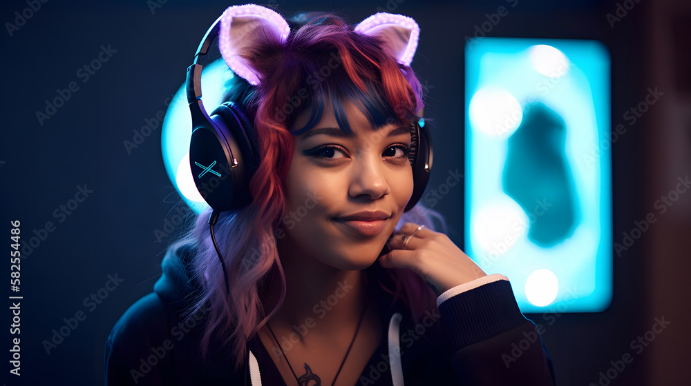 gamer girl otaku streamer with cat ears headphones Stock Illustration ...