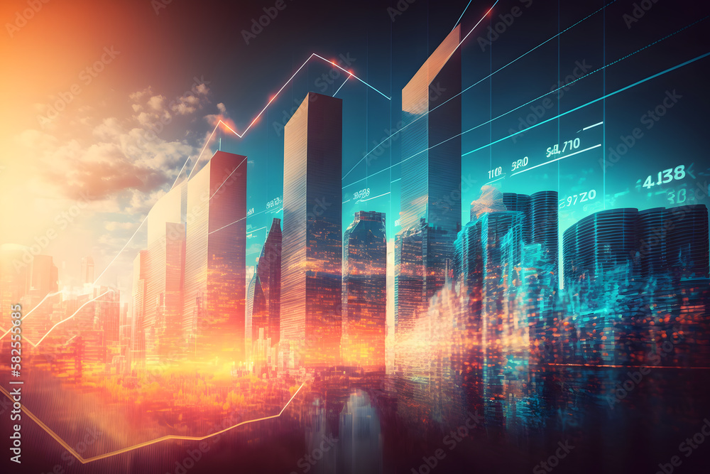 Abstract glowing big data forex candlestick chart on blurry city ...