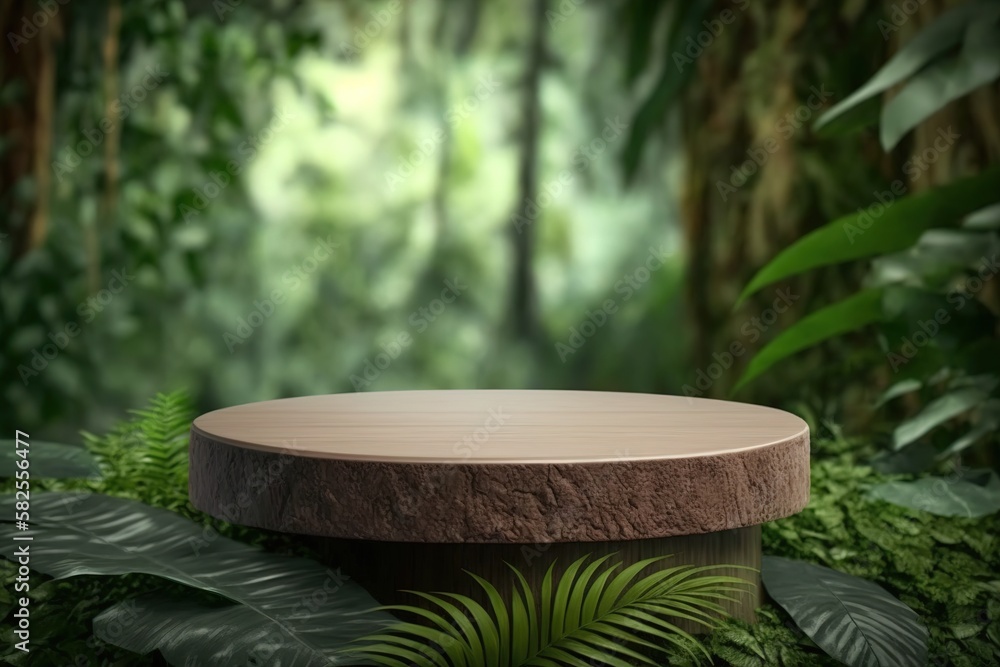 empty wooden tabletop podium in garden open forest, blurred green ...