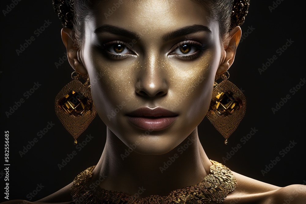 Model girl with golden make-up and long golden hair, on a black ...