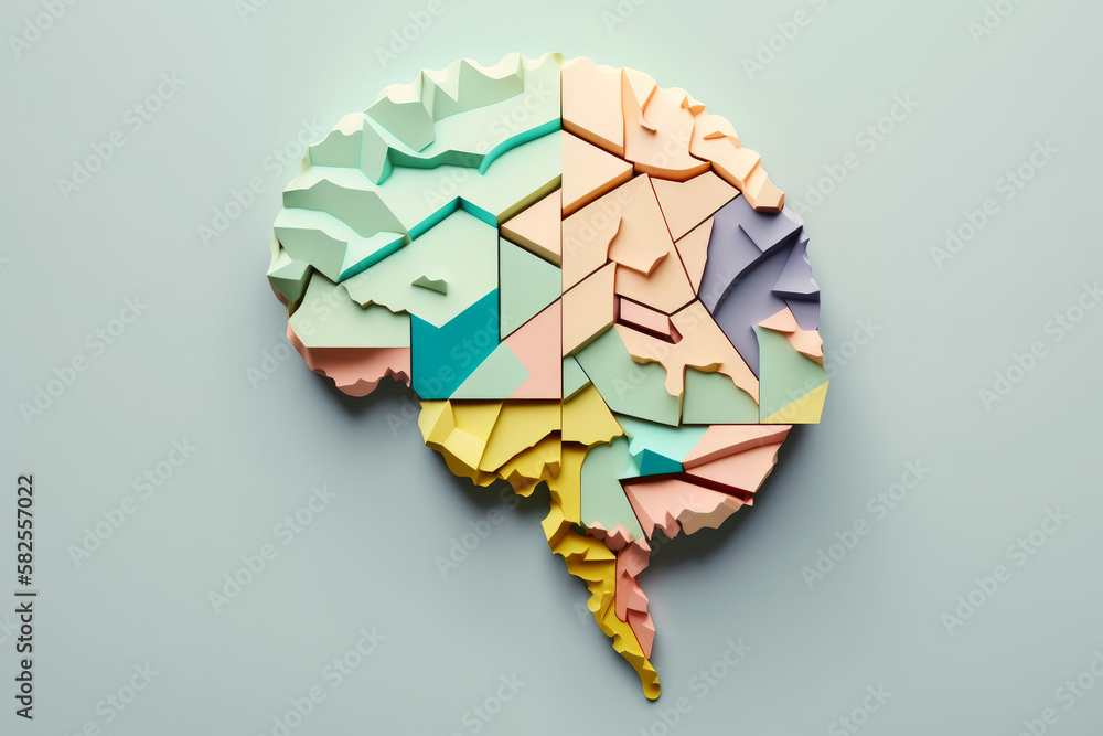 Brain shape made from coloured shapes. Logical thinking side of the ...