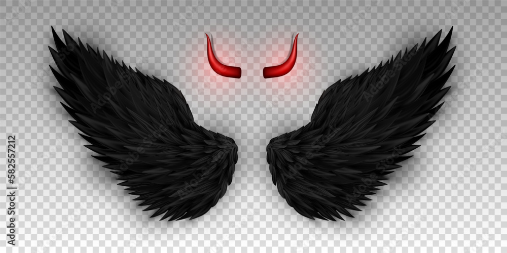 Devil horns and black wings isolated on transparent background. Monster ...