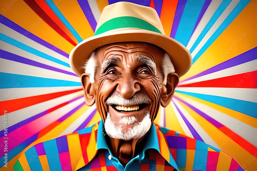 Portrait old man with white hair, smiling. Pop art style with colorful ...