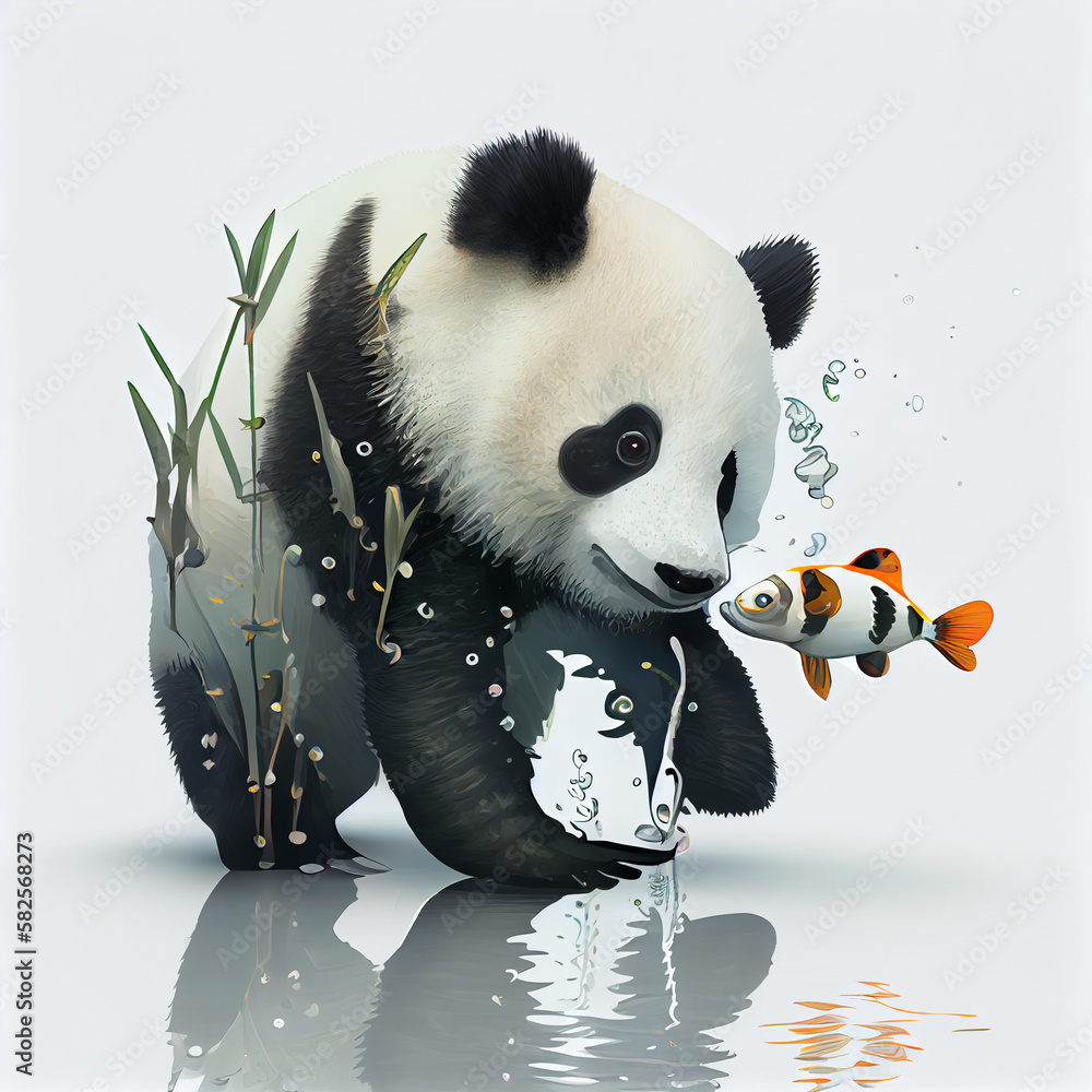 panda with a fish white background hd upscale Stock Illustration ...