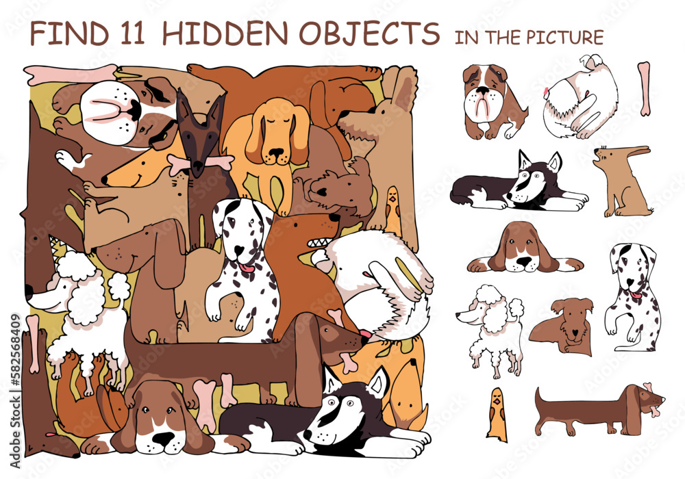 Various dogs. Find the hidden objects. An educational puzzle game for ...