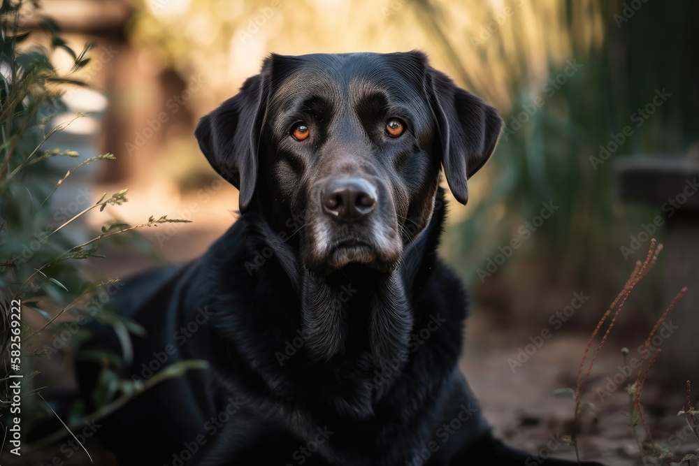 Beautiful black labrador dog sitting in the garden in an outdoor ...