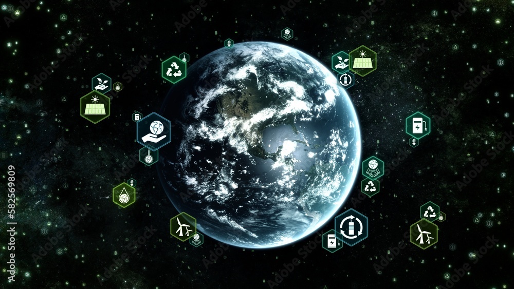 Earth in Space. Orbiting ecology infographic icons. Environmental ...