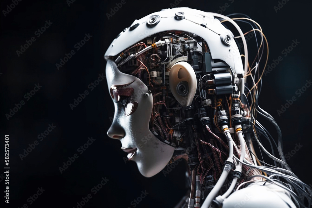 AI robot woman with mechanical wires and tubes , profile. generative Ai ...