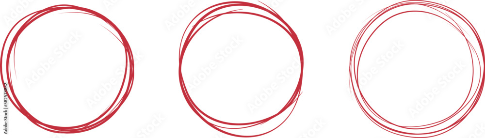 Red circle line hand drawn set. Highlight hand drawing circle isolated ...