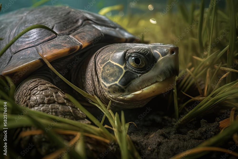 Cryptic Mata Mata Turtle Lurking in the Amazon Basin, created with Generative AI technology ...