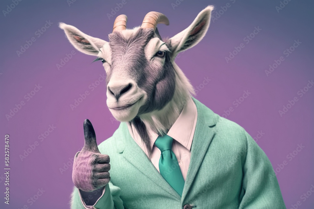 Studio portrait of happy goat in a business suit thumb up, created with ...