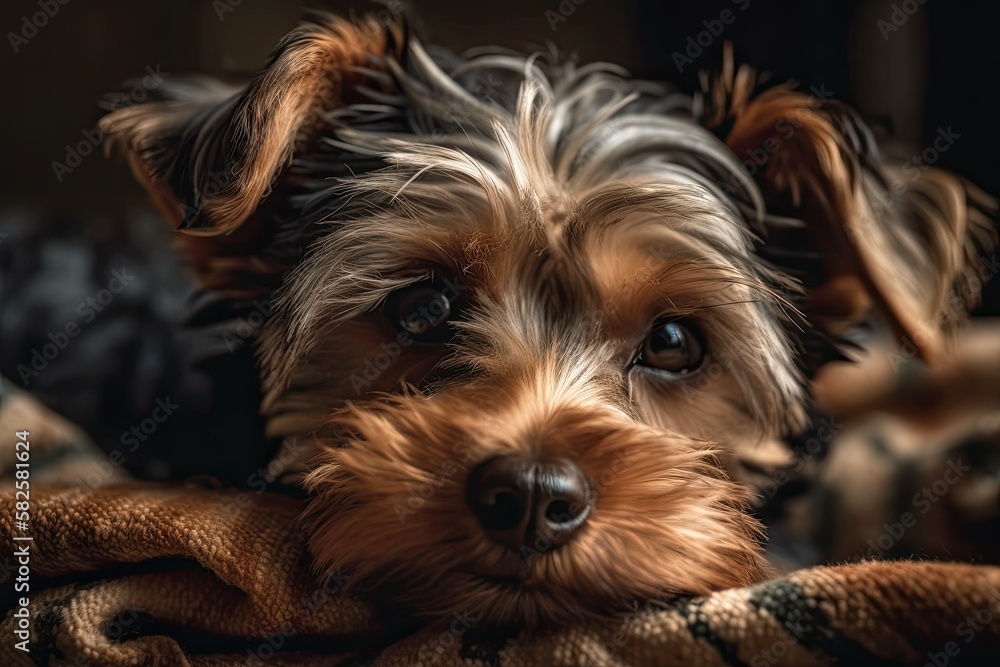 Gorgeous glamour yorkie curled up on plaid. Yorkshire terrier puppy ...