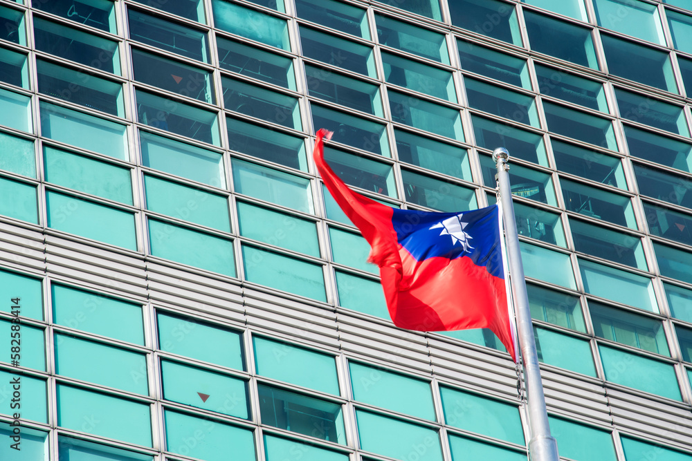 Taiwan Republic of China flags blowing in wind with Taipei 101 as ...