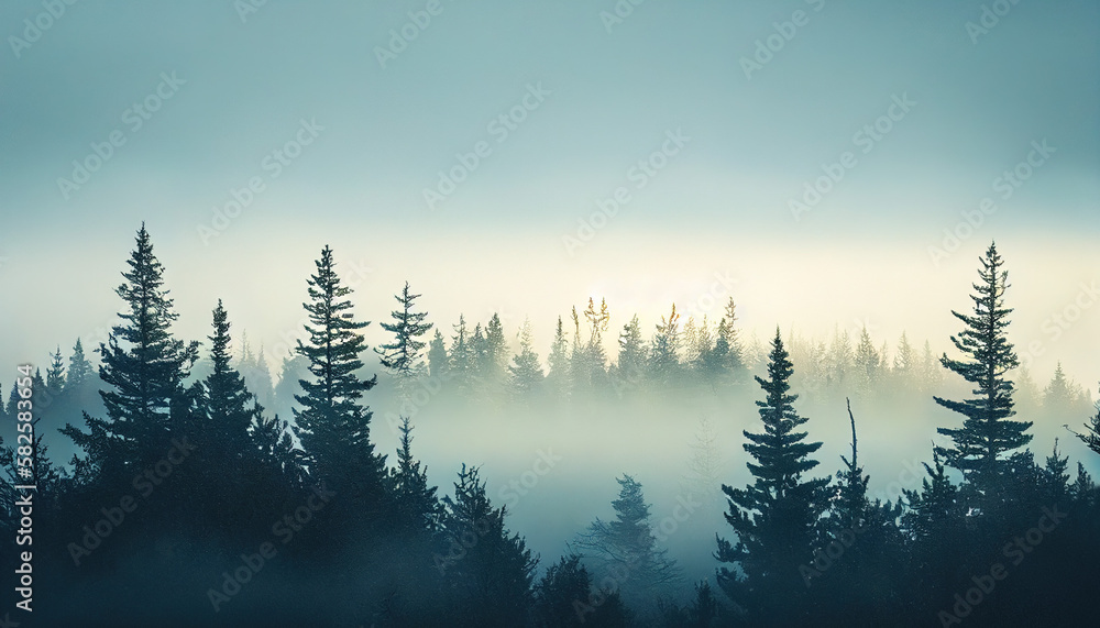dark tree tops in heavy morning fog landscape, forest background ...