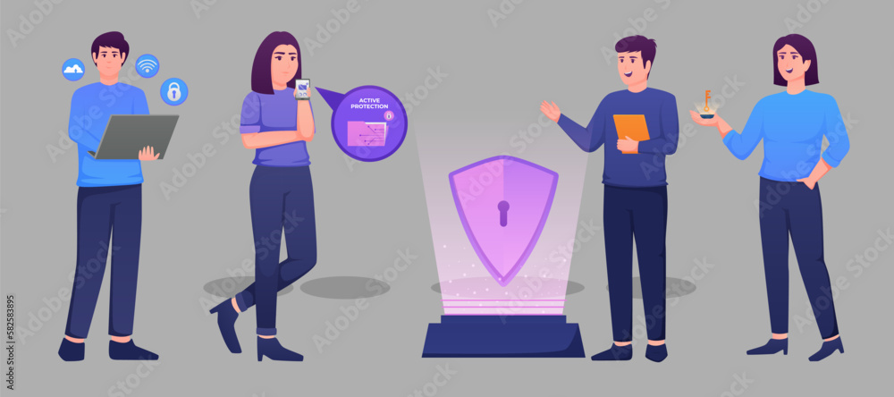 Digital data protection design vector. Cyber security cartoon character ...