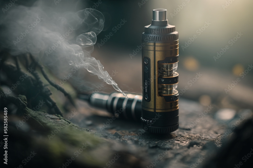 Colored e-cigarettes for vaping and various fruits. The symbol of the ...