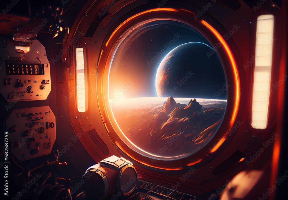 viewing planets from a spaceship window, orbit around an alien planet ...